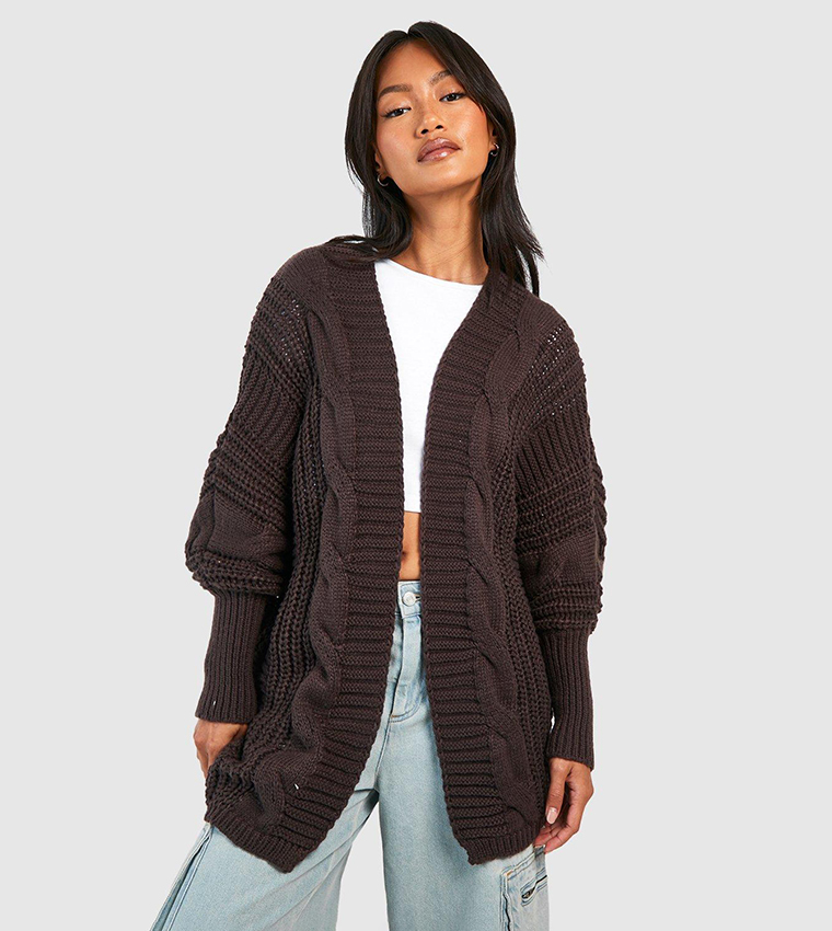 Buy Boohoo Premium Cable Knit Oversized Cardigan In Brown | 6thStreet ...