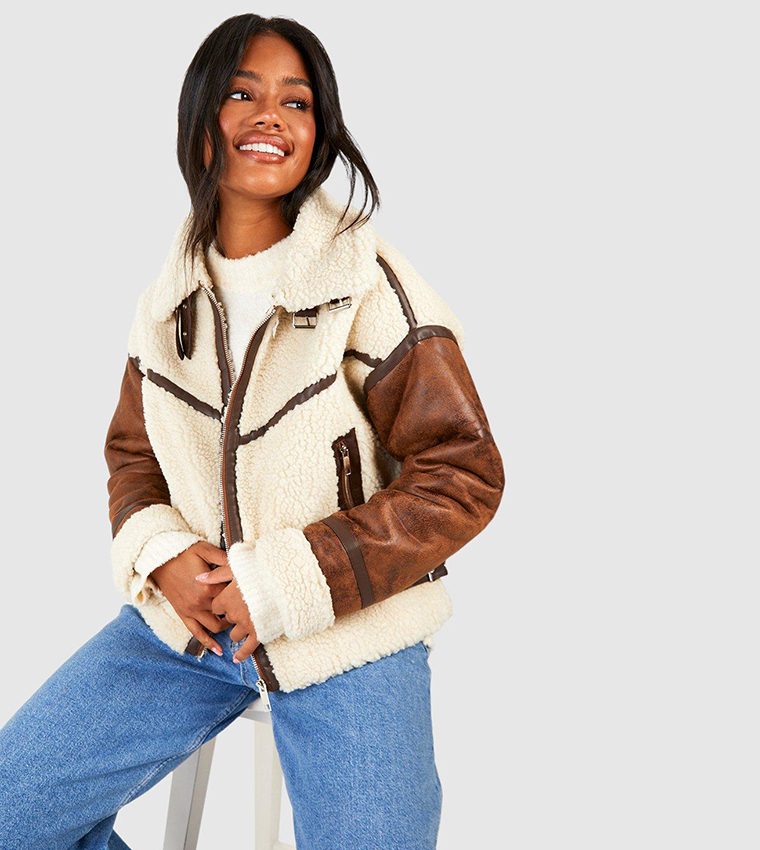 Buy Boohoo Teddy Panel Aviator Jacket In Beige | 6thStreet UAE