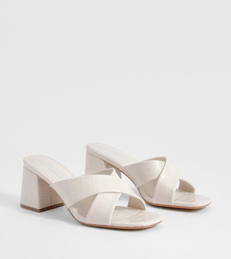 Buy Boohoo Wide Fit Crossover Croc Strap Block Heel Sandals In Ecru ...