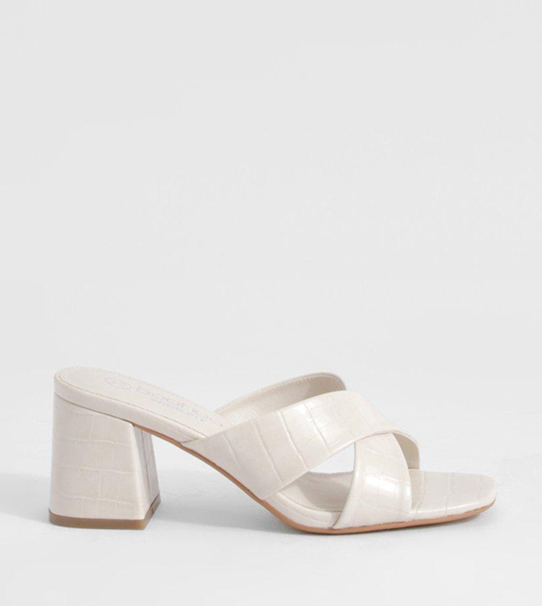 Buy Boohoo Wide Fit Crossover Croc Strap Block Heel Sandals In Ecru ...