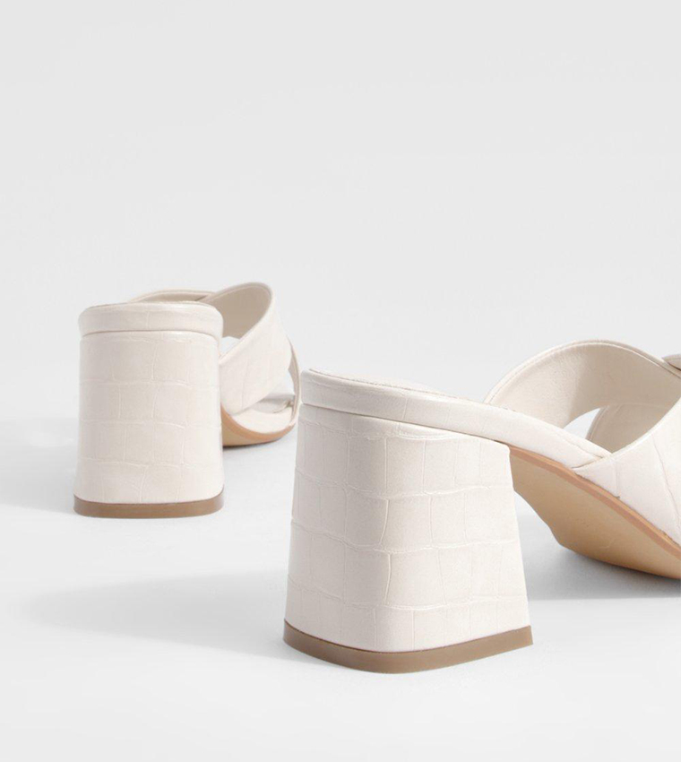 Buy Boohoo Wide Fit Crossover Croc Strap Block Heel Sandals In Ecru ...