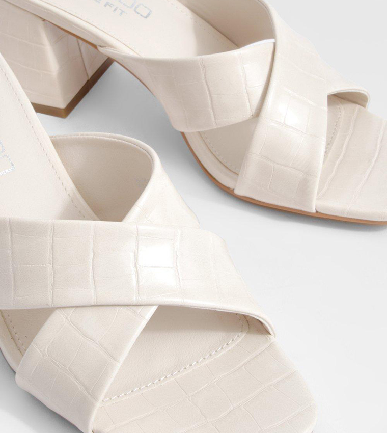 Buy Boohoo Wide Fit Crossover Croc Strap Block Heel Sandals In Ecru ...