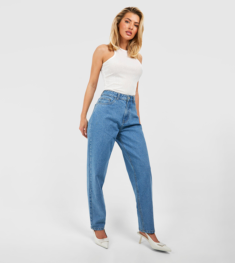Buy Boohoo Bright Blue High Rise Mom Fit Jeans In BRIGHT BLUE ...