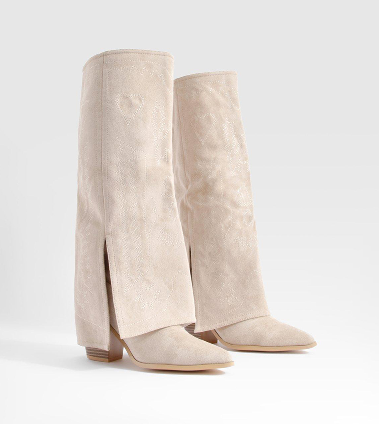Buy Boohoo Wide Fit Foldover Western Knee High Boots In Beige ...