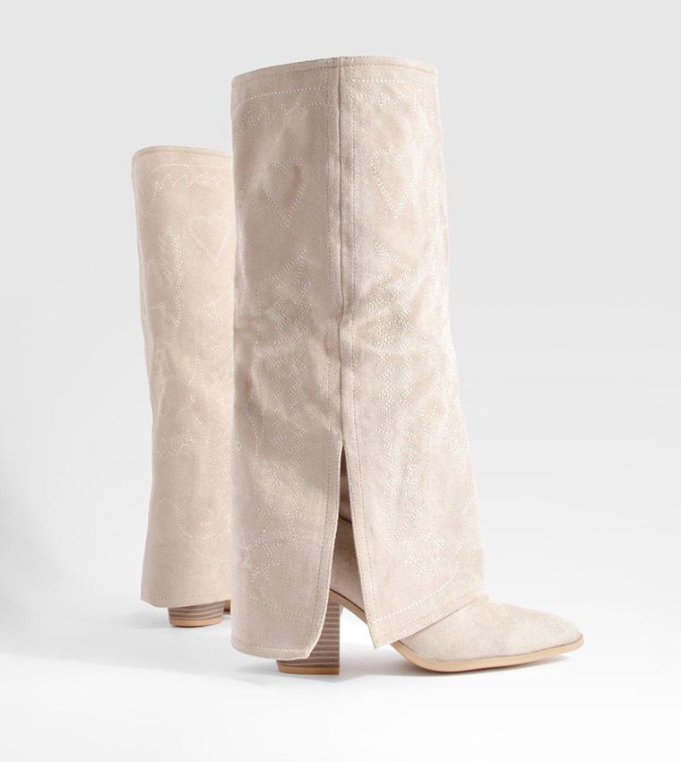 Buy Boohoo Wide Fit Foldover Western Knee High Boots In Beige ...