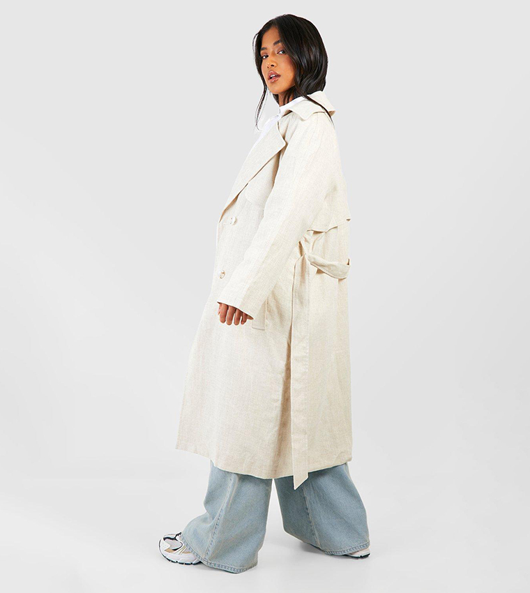 Buy Boohoo Outlet Petite Linen Look Belted Trench Coat In Beige ...