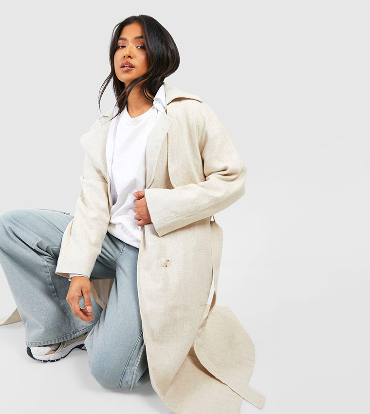 Buy Boohoo Outlet Petite Linen Look Belted Trench Coat In Beige ...