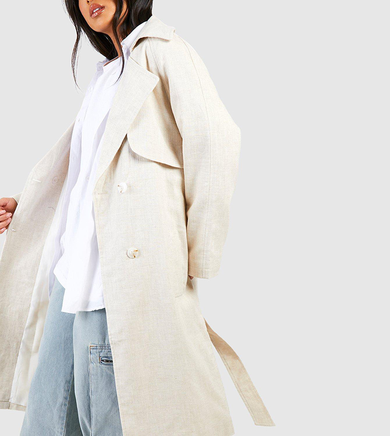 Buy Boohoo Outlet Petite Linen Look Belted Trench Coat In Beige ...