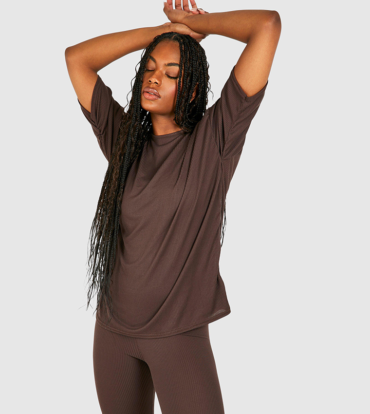 Buy Boohoo Tall Brushed Rib Oversized Tee And Leggings Set In Brown
