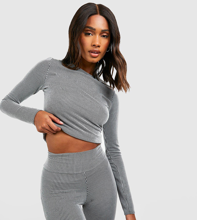 Buy Boohoo Two Tone Ribbed Long Sleeves Crop Top In CHARCOAL ...