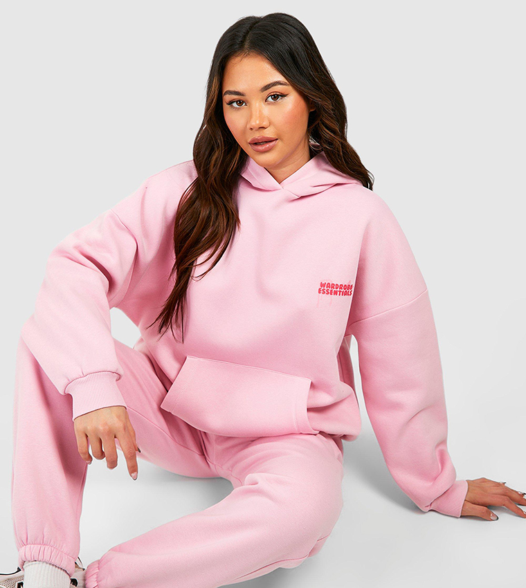 Buy Boohoo Wardrobe Essentials Slogan Hooded Tracksuit In Pink ...