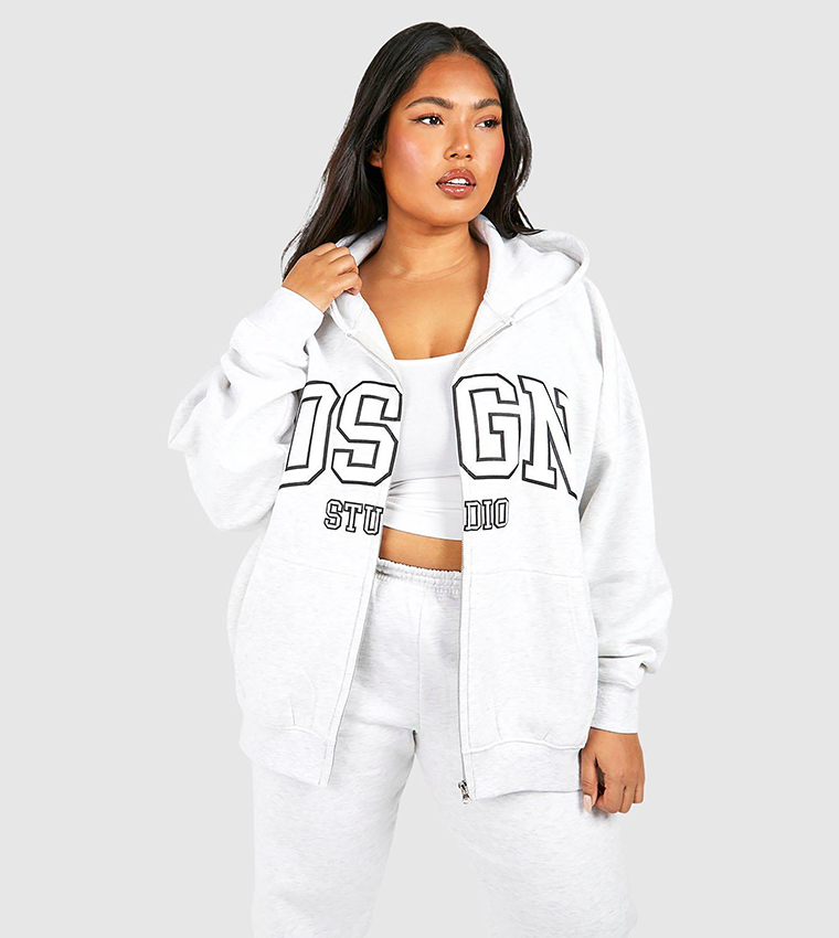 Buy Boohoo Plus Dsgn Studio Print Zip Through Oversized Hoodie In ASH ...