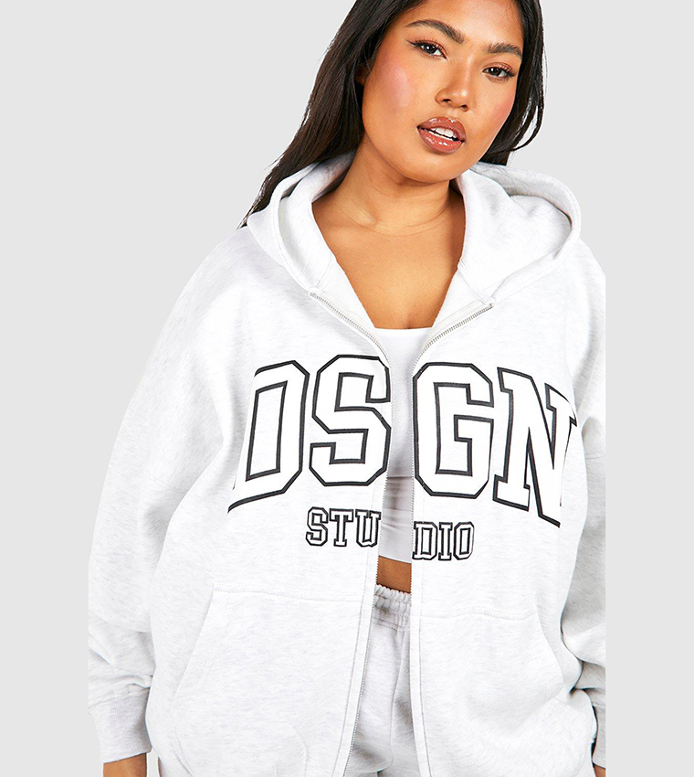 Buy Boohoo Plus Dsgn Studio Print Zip Through Oversized Hoodie In ASH ...