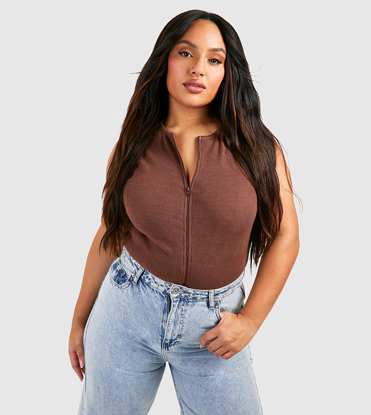 Buy Boohoo Curve Washed Seam Zip Through Bodysuit Top In Brown ...