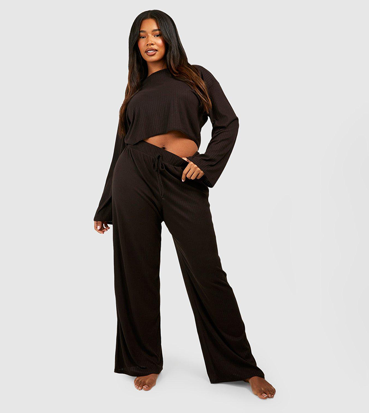 Buy Boohoo Plus Soft Rib Boxy Crop And Wide Leg Trouser In Black ...