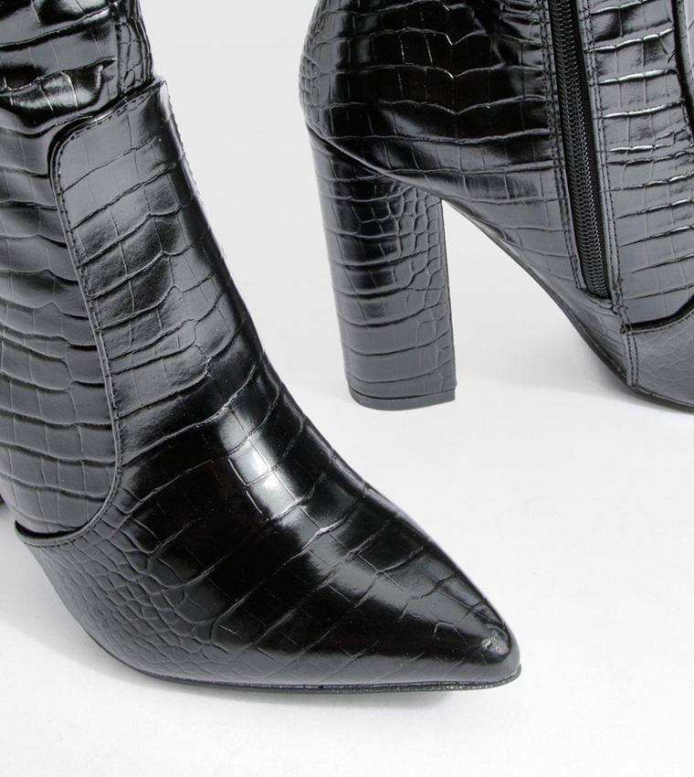 Buy Boohoo Croc Block Heel Knee High Boots In Black | 6thStreet UAE