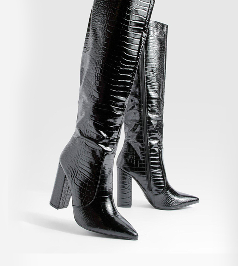 Buy Boohoo Croc Block Heel Knee High Boots In Black | 6thStreet UAE