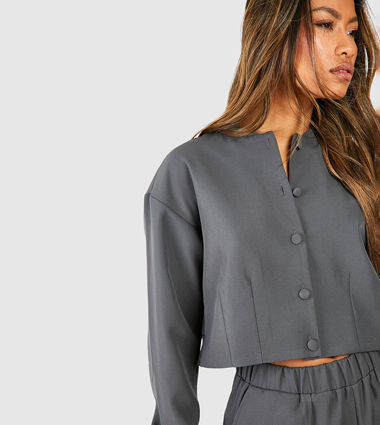 Buy Boohoo Relaxed Fit Popper Bomber Jacket In Grey | 6thStreet Bahrain