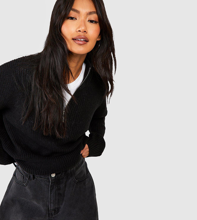 Buy Boohoo Knitted Zip Neck Sweater In Black | 6thStreet Saudi Arabia