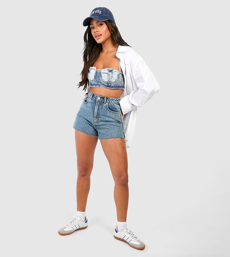 Buy Boohoo Distressed Cup Denim Bralette In Blue | 6thStreet Bahrain