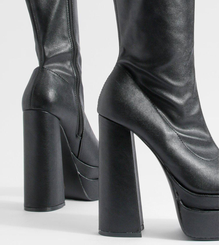 Buy Boohoo Platform Block Heel Stretch Pu Knee High Boots In Black ...