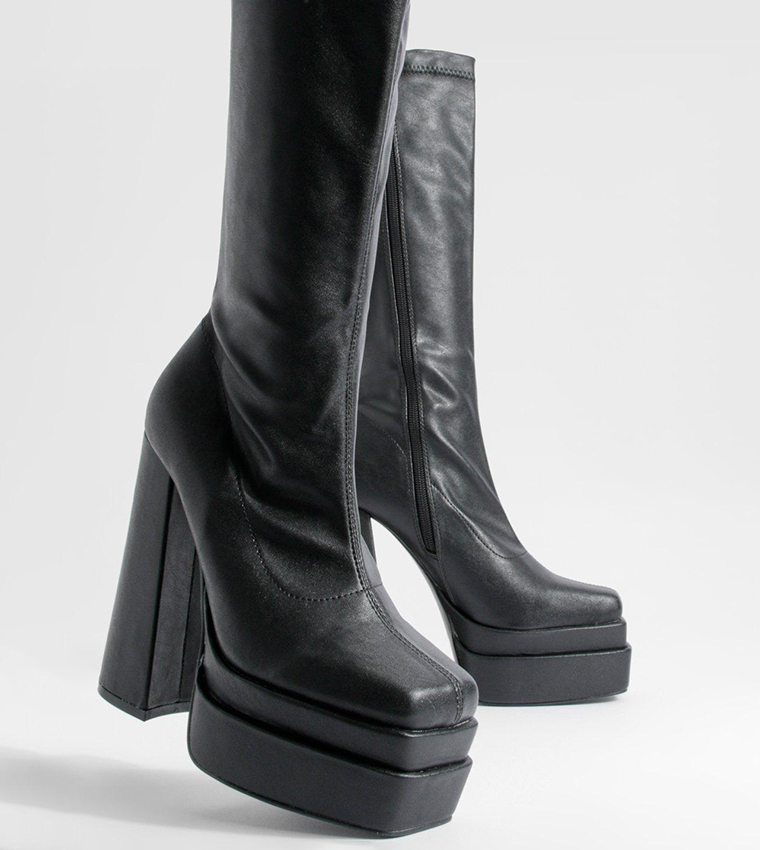 Buy Boohoo Platform Block Heel Stretch Pu Knee High Boots In Black ...