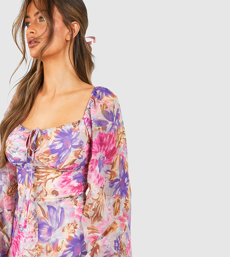 Buy Boohoo Floral Chiffon Balloon Sleeves Milkmaid Mini Dress In ...