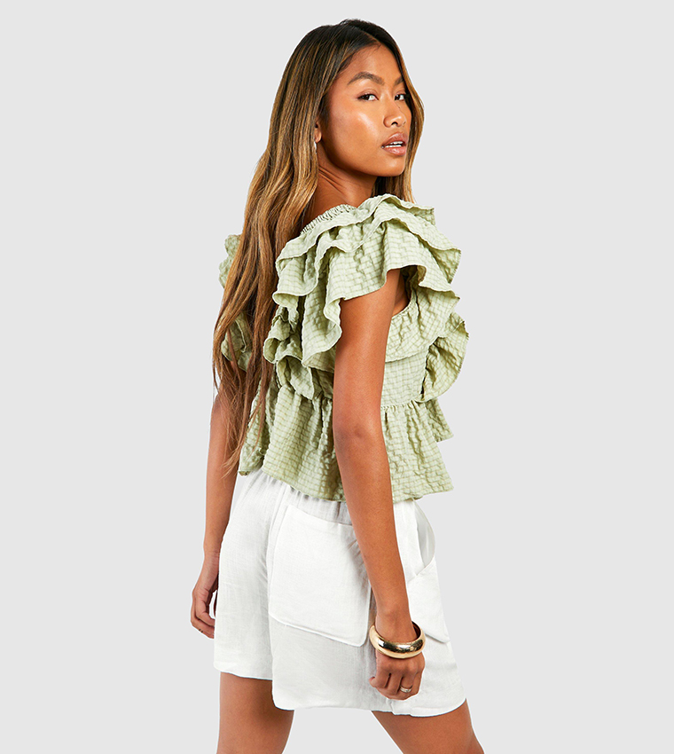 Buy Boohoo Textured Ruffle Smock Top In Green | 6thStreet UAE