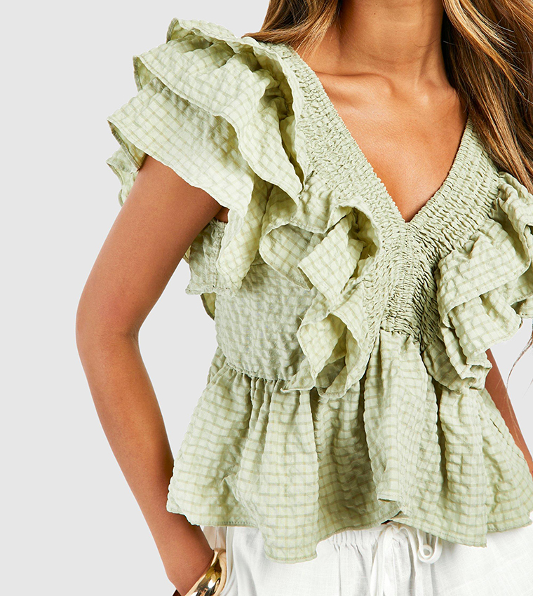 Buy Boohoo Textured Ruffle Smock Top In Green | 6thStreet UAE