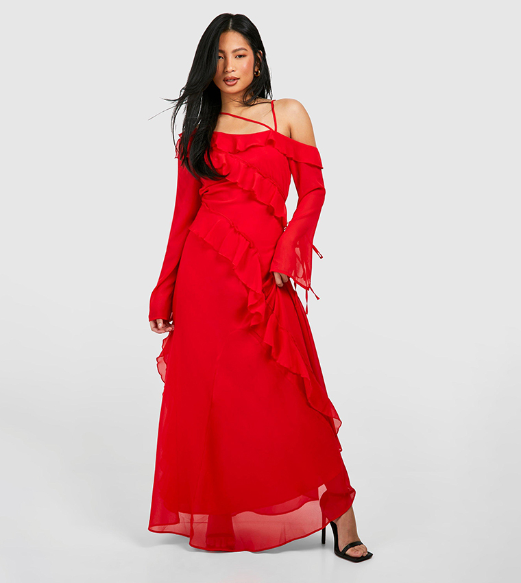 Buy Boohoo Petite Asymmetric Ruffle Open Back Maxi Dress In Red ...