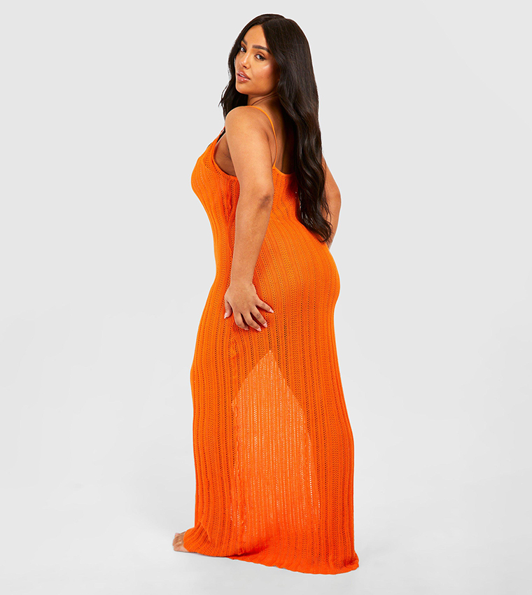 Buy Boohoo Curve Crochet Ladder Knitted Maxi Dress In Orange ...