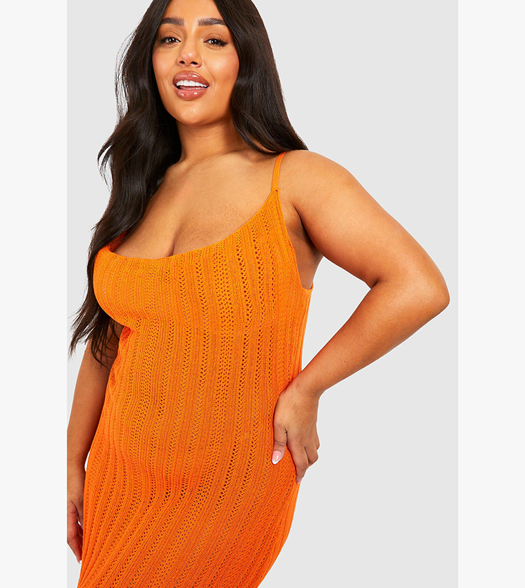 Buy Boohoo Curve Crochet Ladder Knitted Maxi Dress In Orange ...