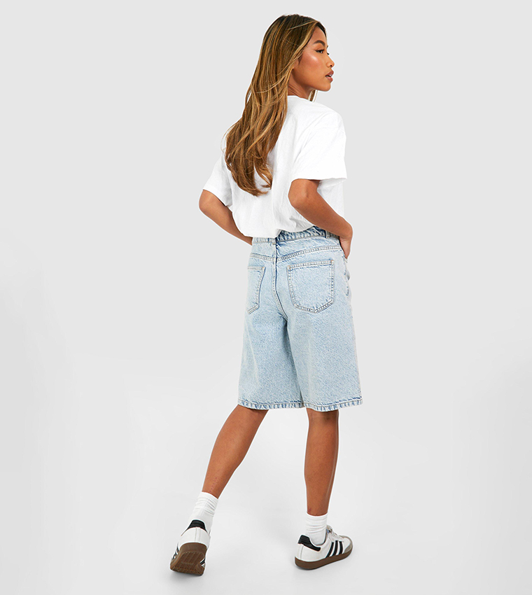 Buy Boohoo Acid Wash Longline Denim Jorts In Blue | 6thStreet Oman