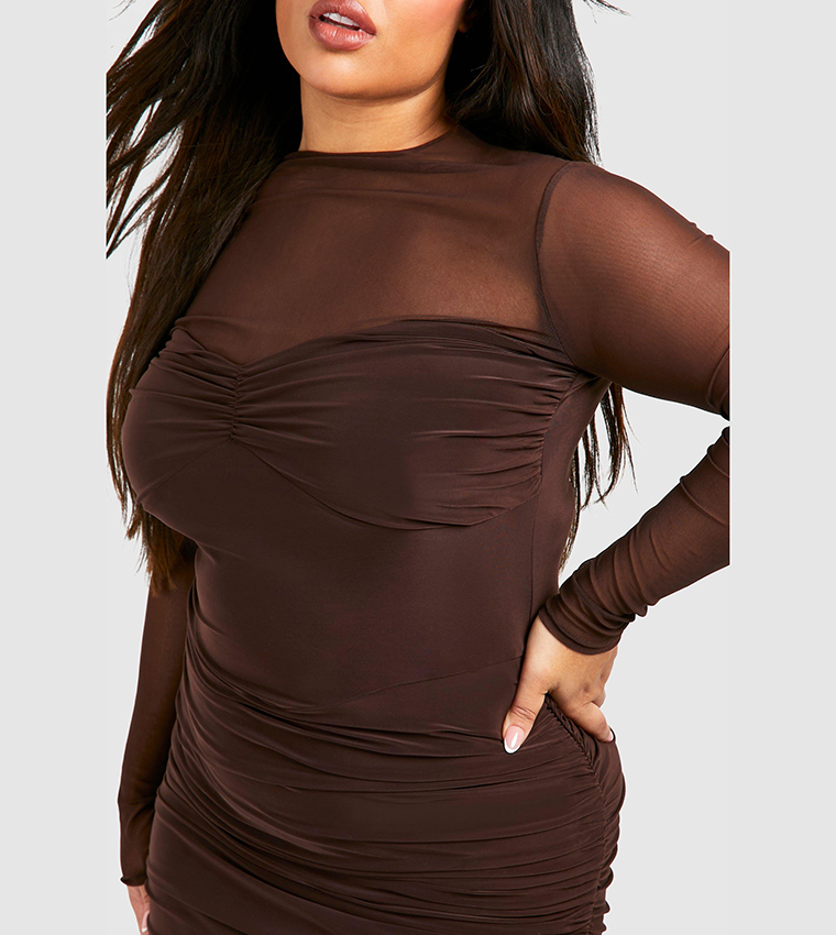 Buy Boohoo Curve Ruched Slinky Bodycon Dress In Brown | 6thStreet Saudi ...