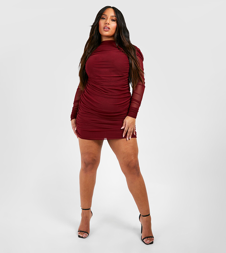 Buy Boohoo Curve Ruched Mesh Bodycon Dress In Red | 6thStreet Qatar