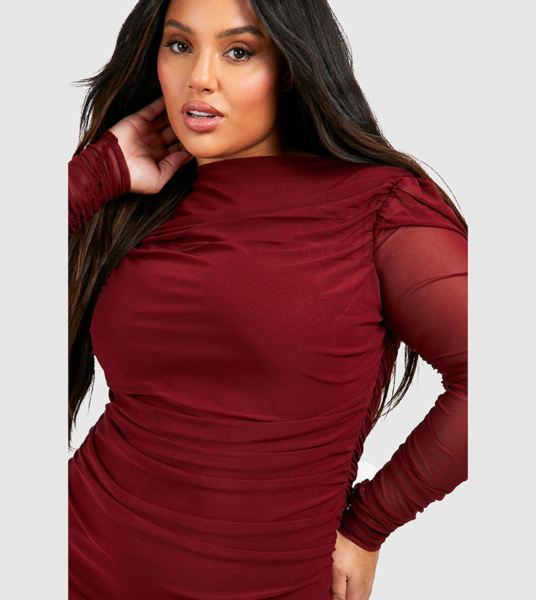 Buy Boohoo Curve Ruched Mesh Bodycon Dress In Red 6thstreet Qatar