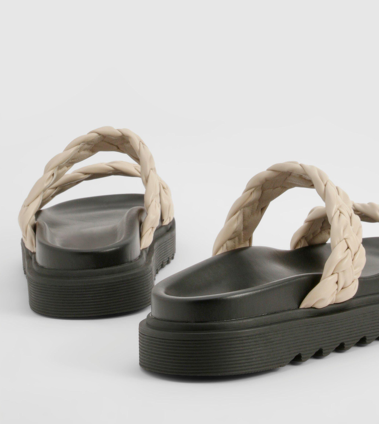Buy Boohoo Wide Fit Plait Detail Chunky Sliders In Beige | 6thStreet UAE