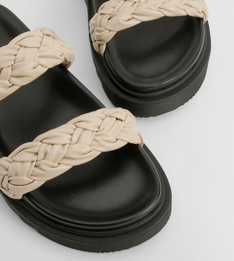 Buy Boohoo Wide Fit Plait Detail Chunky Sliders In Beige | 6thStreet UAE