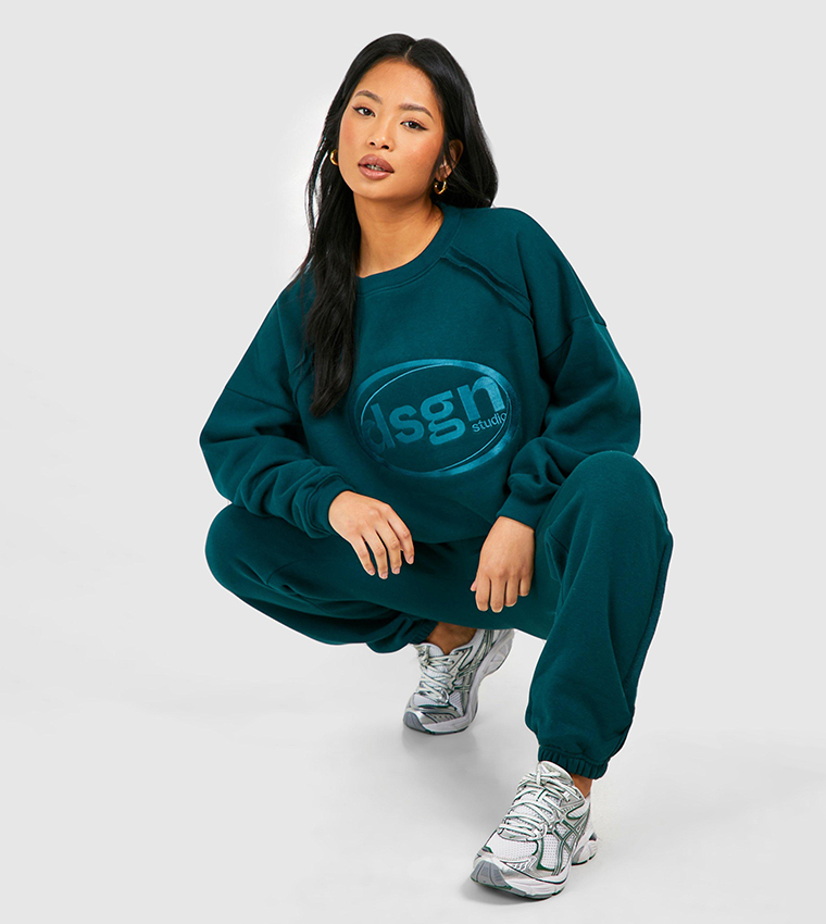 Buy Boohoo Petite Exposed Seam Design Embroidered Tracksuit In Green ...