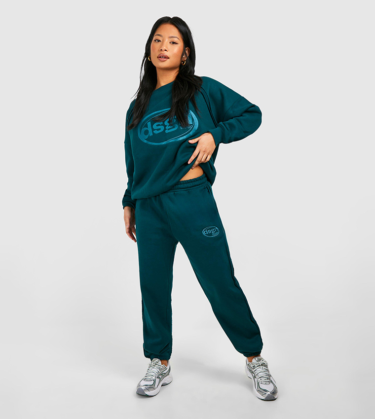 Buy Boohoo Petite Exposed Seam Design Embroidered Tracksuit In Green ...