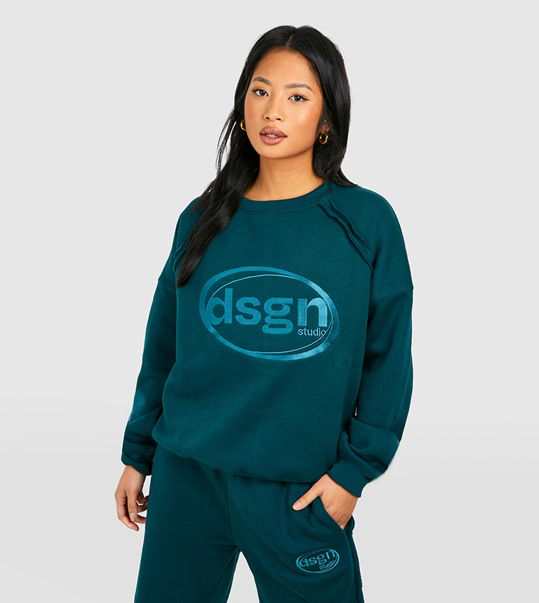 Buy Boohoo Petite Exposed Seam Design Embroidered Tracksuit In Green ...