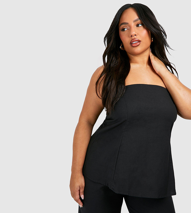 Buy Boohoo Curve Linen Trouser & Bandeau Top Co Ord Set In Black ...