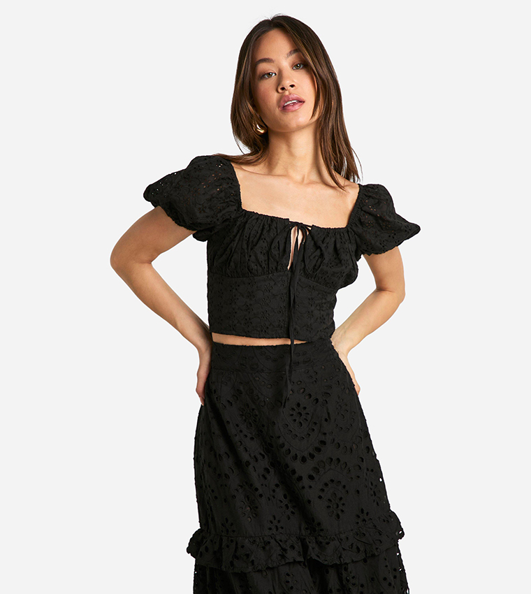 Buy Boohoo Tall Broderie Milkmaid Short Sleeves Top In Black ...