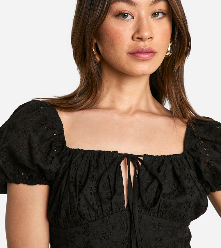 Buy Boohoo Tall Broderie Milkmaid Short Sleeves Top In Black ...