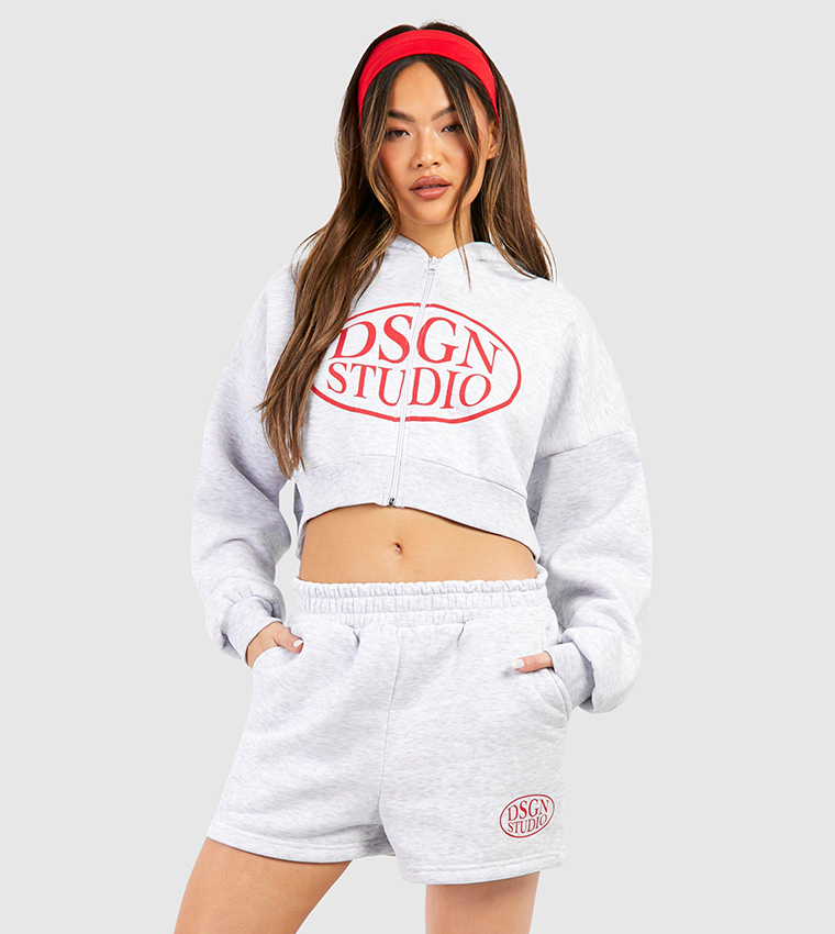 Buy Boohoo Design Studio Oval Slogan Zip Through Hooded Shorty ...