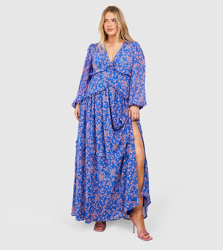 Buy Boohoo Curve Ditsy Floral Waist Detail Maxi Dress In Blue ...