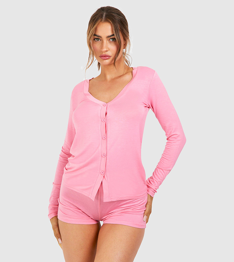 Buy Boohoo Henley Top And Short Set In Pink | 6thstreet Bahrain