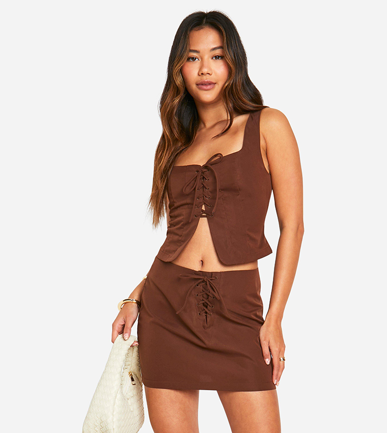 Buy Boohoo Lace Up Front Micro Mini Skirt In Brown | 6thStreet UAE