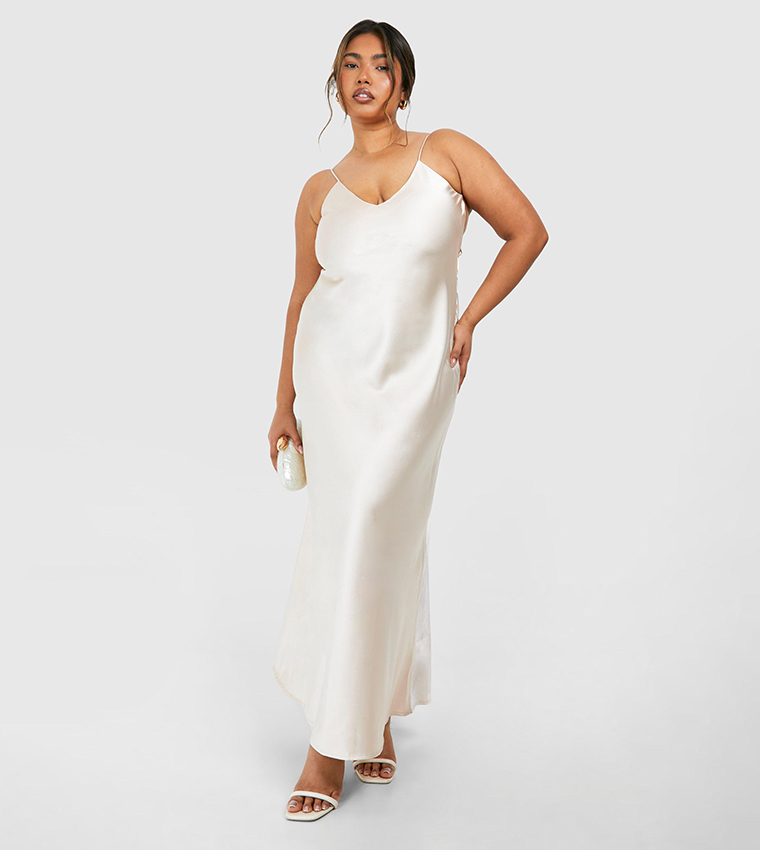 Buy Boohoo Curve Open Back Detail Satin Maxi Dress In Beige | 6thStreet ...