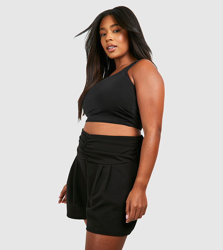 Buy Boohoo Curve Ruched Waistband Detail Pleated Skort In Black ...
